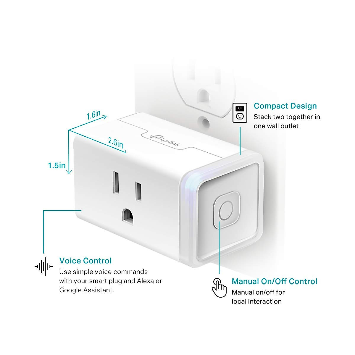 Kasa Smart Plug by TP-Link, Smart Home Wi-Fi Outlet Works with Alexa, Echo, Google Home & IFTTT, No Hub Required, Remote Control, 15 Amp, UL Certified, 1-Pack(HS103) , WHITE