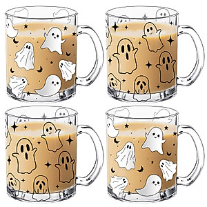 RimCereal 4 PCS Halloween Ghosts Glass Coffee Mugs with Handle Spooky Iced Coffee Cup Halloween Home Decor Cute Halloween Gifts Halloween Spooky Cups, 12oz