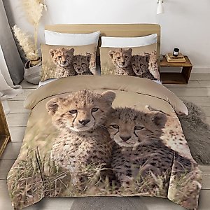 Sleepwish Cheetah Cubs Bedding Duvet Cover Sets Cute Safari Wild Cat Print Bed Set 3 Piece Soft Bedspreads Comforter Cover (1 Duvet Cover+2 Pillowcases) Brown/Twin