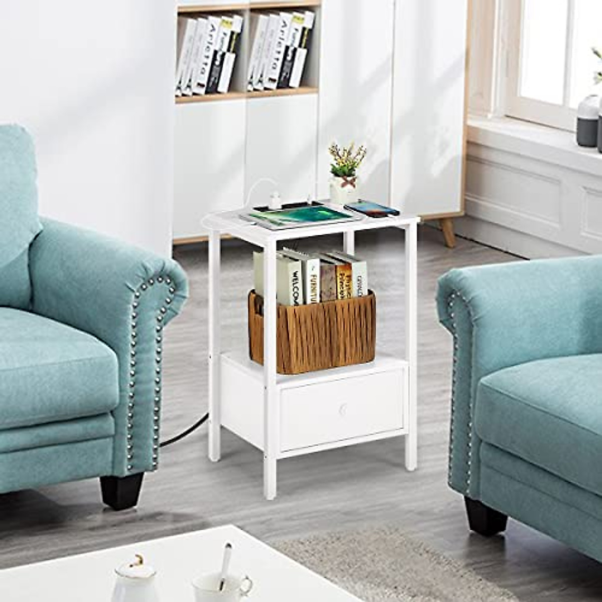 melos Side Table with Charging Station, Nightstand with USB Ports & Power Outlets, Narrow End Table with Drawer and Storage Shelf for Small Spaces, Bedside Tables for Bedroom, Living Room, White