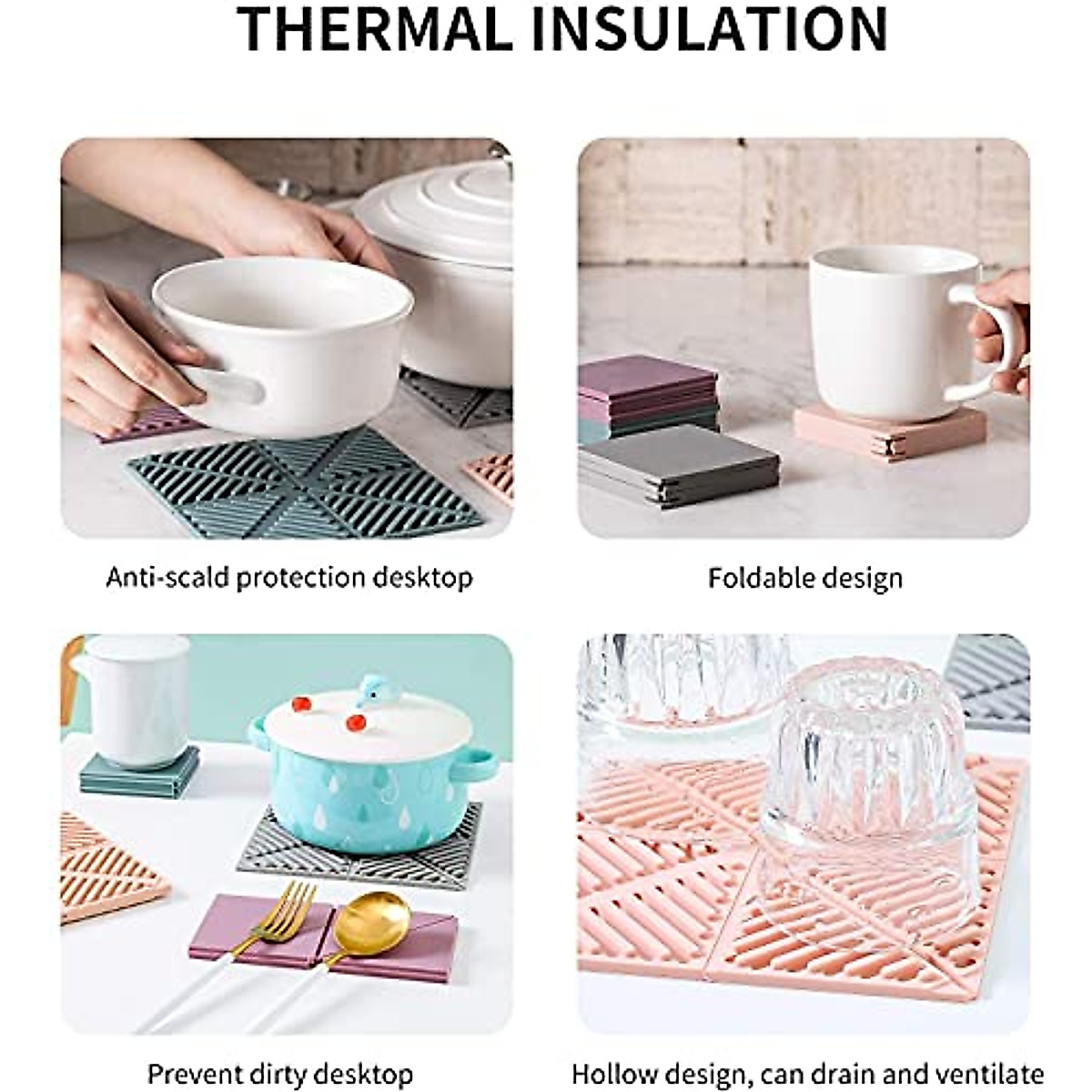 4 Silicone Trivet Mats Foldable- 446°F Heat Resistance Trivets for Kitchen Counter, Table, Pots, and Pans - Multipurpose Silicone Mats Pot Holders - Mixed Colors Trivets Set for Hot Dishes