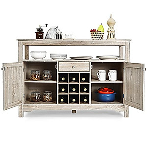 Giantex Buffet Server Sideboard, Console Table, Wood Dining Table, Cupboard Table with 2 Cabinets, 1 Drawer and 9 Wine Cabinets, Storage Organizer Kitchen and Dining Room (Gray)