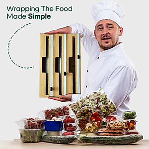 Blithe Goods 3-in-1 Foil and Plastic Wrap Dispenser with Cutter, Bamboo Foil and Plastic Wrap Organizer, 3X Hooks, 1x 12 Cling Sheet Roll - Wrapping Made Easy & Mess Free