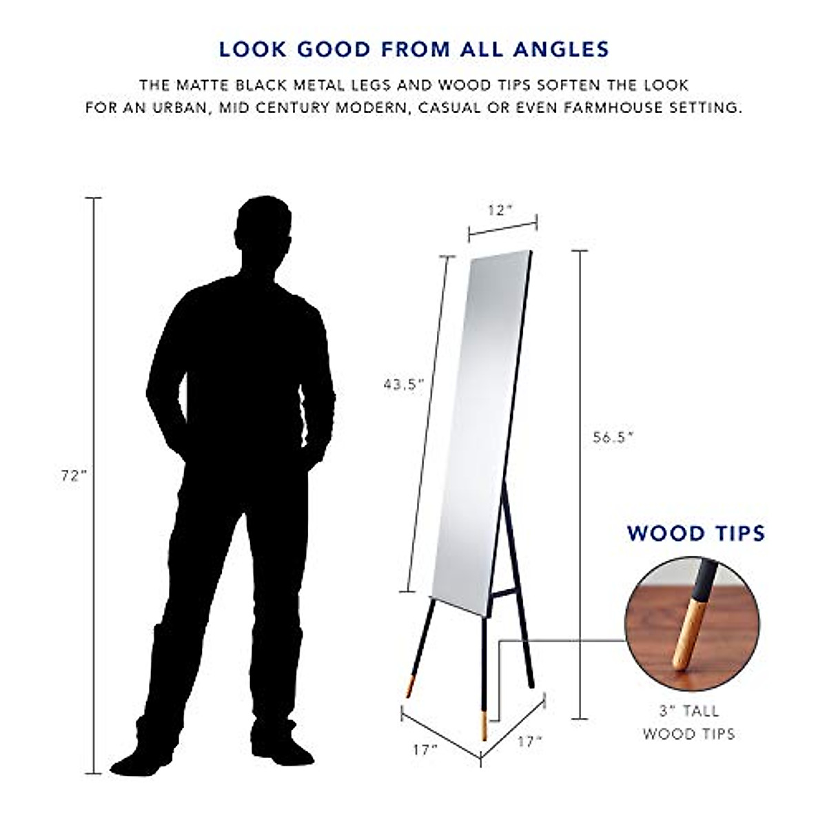 Adesso Louise Modern Full Length Matte Black Floor Mirror with Tripod Legs and Wood Accents