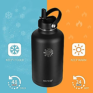 Water Bottle 64 oz with Paracord Handle & Cleaning Brush, Half Gallon Double Wall Vacuum Metal Stainless Steel Insulated Water Flask Jug with 2 Lids and Carrying Pouch, Leakproof and BPA-Free, Black