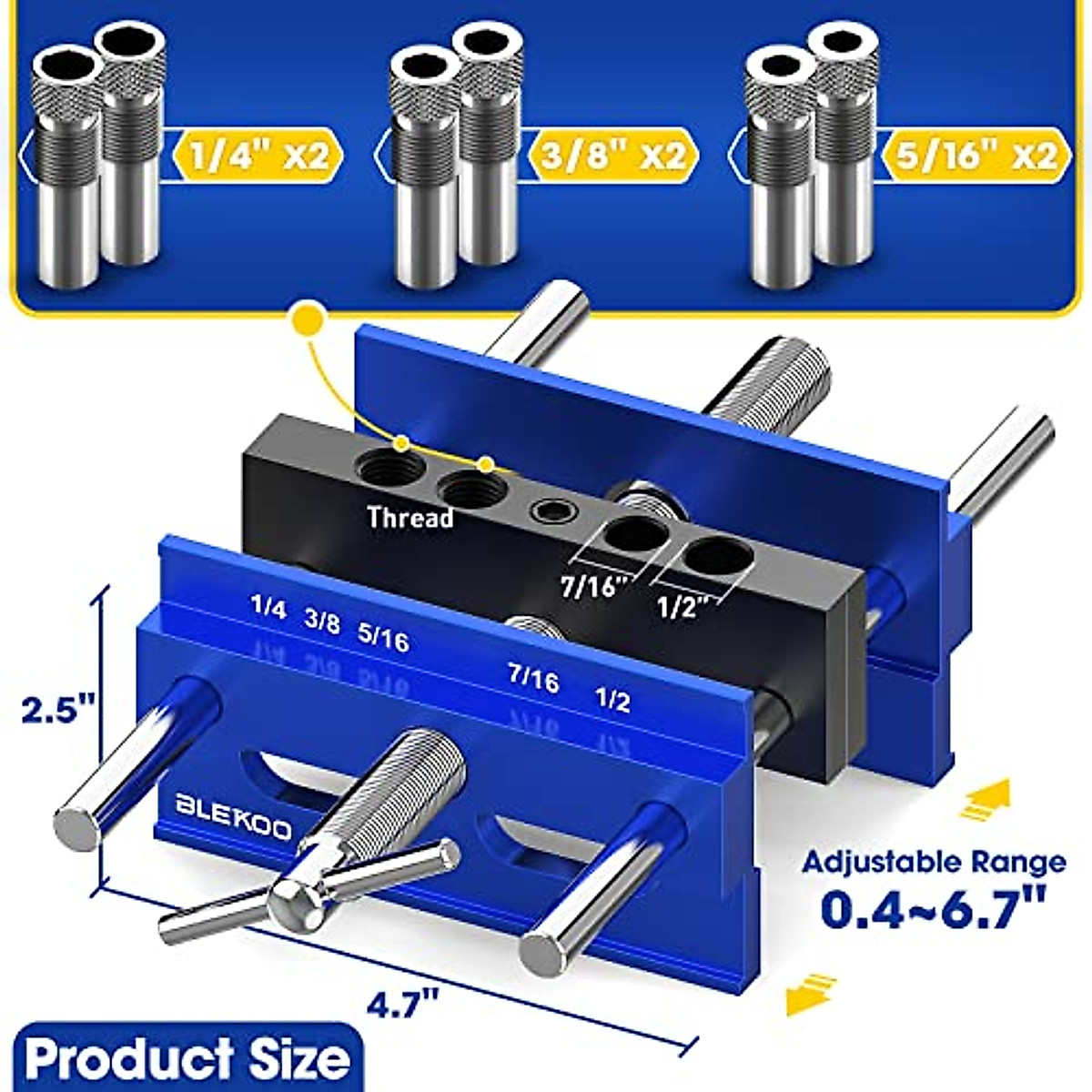 BLEKOO Upgraded 6.7 inch Self Centering Doweling Jig Kit, Drill Jig For Straight Holes Biscuit Joiner Set With 6 Drill Guide Bushings, Adjustable Width Drilling Guide Power Tool Accessory Jigs (Blue)