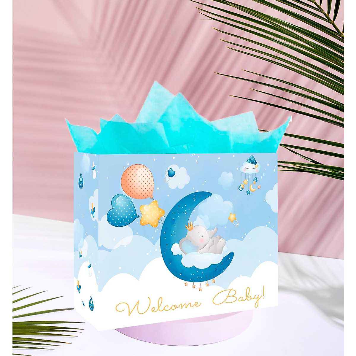 GFInYHM 13" Baby Boy Gift Bag for Baby Shower or Birthday with Handle, Tissue Paper and Greeting Card (Elephant)