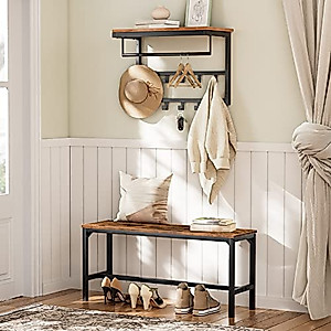 HOOBRO Dining Benches, Pair of 2 Kitchen Benches, Industrial Table Benches, Wooden Indoor Benches, Durable and Stable, for Dining Room, Kitchen, Living Room, Bedroom, Rustic Brown BF02CD01