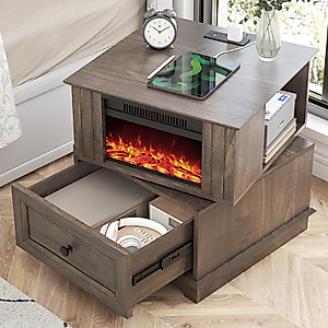 REDAYFUR Rotating End Table with 13" Electric Fireplace Screens, Side Table with Fast Charging Station, 1400W Fireplace End Table with Storage, Wooden Side Table for Living Room, Bedroom, Office