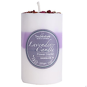 Touch Nature Flower Garden Scented Aromatherapy Fragrant Handmade Pillar Candle. Hand Poured Rustic Home Décor Pillars. Decorated with Dried Flower Petals. (6cm dia x 10cm) (Lavender)