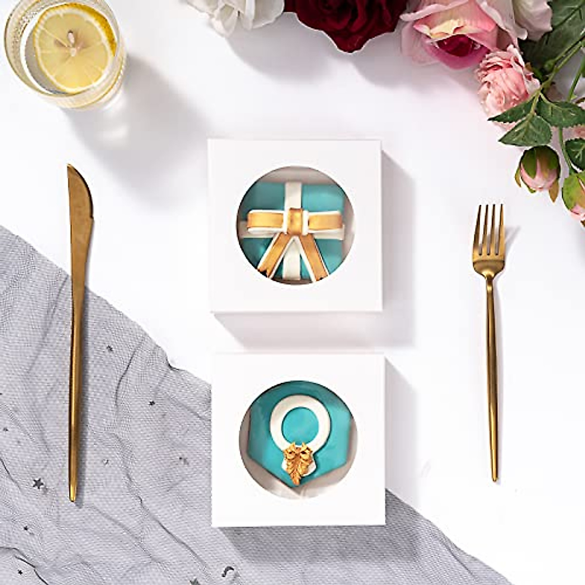 RomanticBaking 100 Pack individul Pyo Valentine Cookies Boxes With Window 4 3/8" x 4 3/8" x 1 1/5" Small Gift Boxes Mini Dount Boxes Pie Boxes