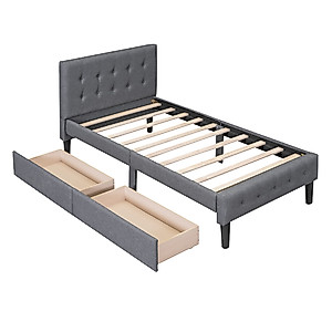 CITYLIGHT Twin Size Upholstered Platform Bed with Headboard and Two Drawers,Linen Wood Twin Bed Frames with Storage for Kids Teens,No Box Spring Needed,Gray