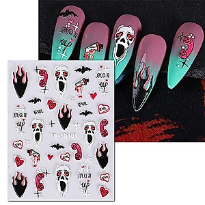 JMEOWIO 3D Embossed Halloween Nail Art Stickers Decals Self-Adhesive Pegatinas Uñas Pink 5D Skull Flame Bat Nail Supplies Nail Art Design Decoration Accessories 4 Sheets