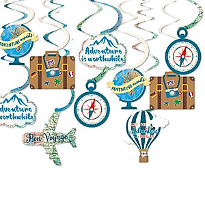 30CT Travel Themed Hanging Swirl Decorations Adventure Awaits Bon Voyage Farewell Retirement Themed Party Around The World Wedding Shower Party Ceiling Spiral Door Whirls Streamers Supplies