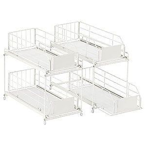MOOACE 2 Tier Pull Out Cabinets Organizers and Storage, 2 Pack Multi-Purpose Slide-Out Under Sink Cabinet Organizer Shelf Baskets for Kitchen Bathroom Pantry Cabinet/Countertop, White