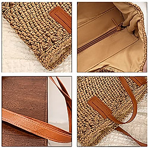 ZNMDOK Beach Bag Straw Handbags For Women Summer Beach Woven Shoulder Bag (Khaki)