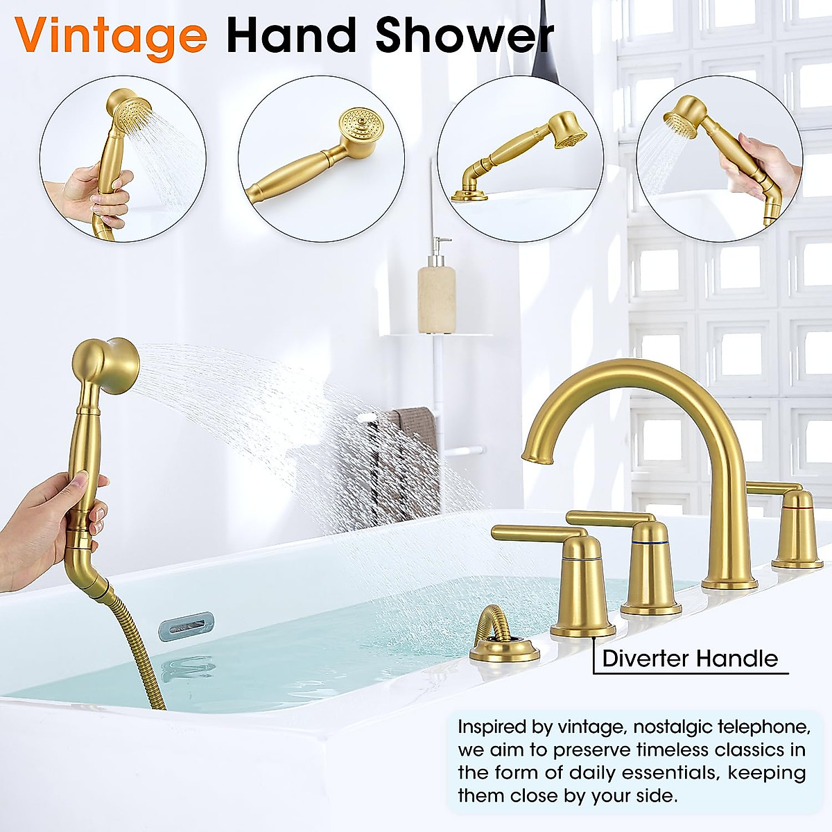 Wintap Roman Tub Faucet with Sprayer, 5 Hole Widespread Deck Mount Bathtub Faucet with Valve Classic High Arch Gooseneck Bath Tub Faucet Set with Diverter High Flow Tub Filler Brushed Gold WT-9809BG