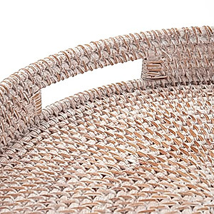 Coffee Table Tray Round Rattan Ottoman Tray Woven Serving Trays with Handles for Home and Kitchen Decorative White (Large 14 inch x 2.8 inch)