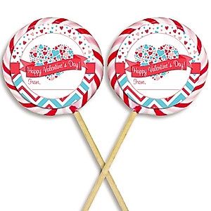 Red and Blue Heart-Themed Valentine Party Favor Sticker Labels, 40 2" Party Circle Stickers by AmandaCreation, Great for Classroom Valentines, Envelope Seals, Gifts & Treats