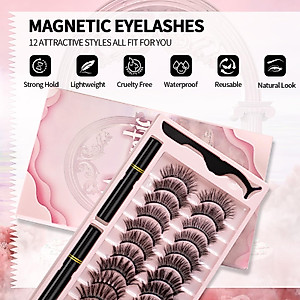 Magnetic Eyelashes Kit - Magnetic Lashes Natural Look From Natural to Gorgeous Styles, Reusable 3D Mink False Eyelashes with Magnetic Eyeliner and Tweezers Easy to Apply, No Glue Needed (12 Pairs)