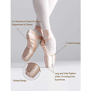 Daydance Women's Pointe Shoes Pink Ribbon Ballerina Ballet Shoes with Silicone Toe Pads (Light Pink, 7)