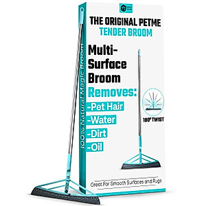 Petme Tender Magic Broom Squeegee Dog Pet Hair Remover, Rotatable, Extendable - Silicone Broom Pet Hair Remover for All-Surfaces Hardwood Floors, Rugs, Tile, Glass, Liquid-Dirt with 50" Handle