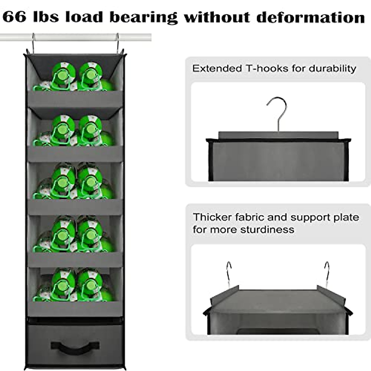 Licode 66LBS-Capacity Hanging Closet Organizer, Collapsible Hanging Closet Shelves, Hanging Purse Handbag Organizer for Closet & RV,42.5" H X 12.2" W X 13.6" D, 1-Pack A Grey