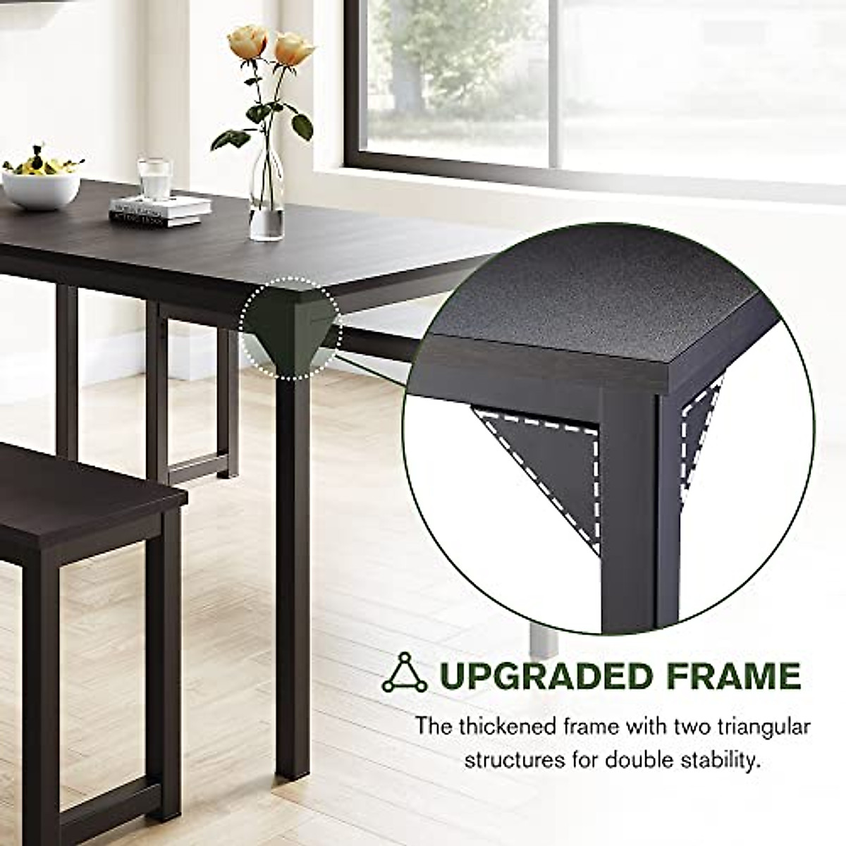 IMUsee 45" Dining Table Set for 4, 3-Pieces Kitchen & Dining Room Sets with Benches, Metal Frame and Wood Board, Sturdy Structure, Easy Assembly, Small Space Dinette, Black & Black