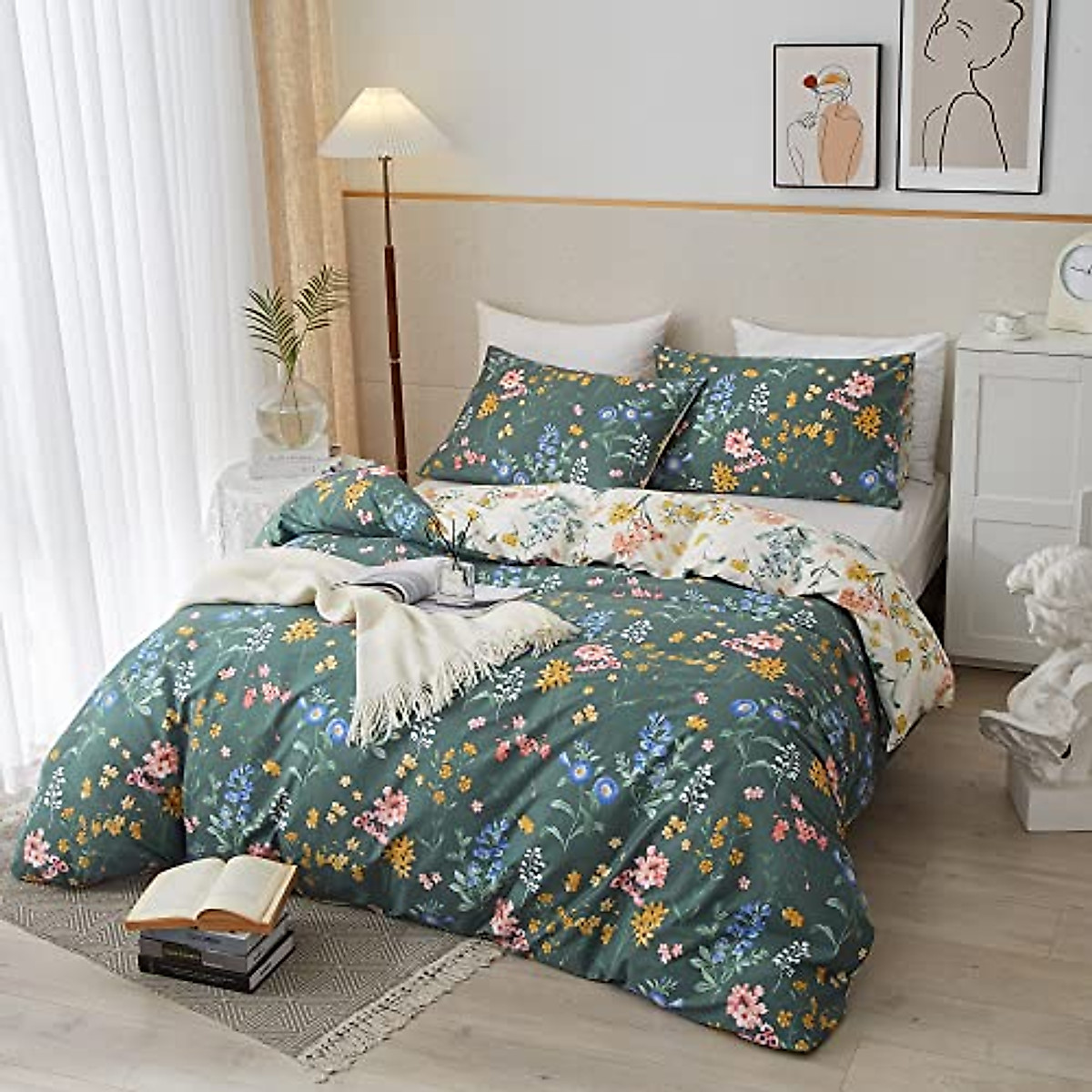 PinkMemory Green and White Duvet Cover Queen 100% Cotton, Garden Flower Pattern Bedding Duvet Cover Set Full Queen with Pillowcases Soft Durable Zipper-No Comforter Insert