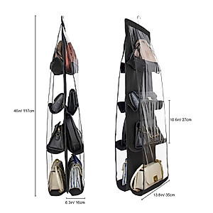 EsLuker.ly 2Pcs Hanging Purse Bag Organizers with 8 Large Easy Access Pockets, Premium Clear Handbag Storage Holder Space Saving Organizer System for Closet Wardrobe (Black)