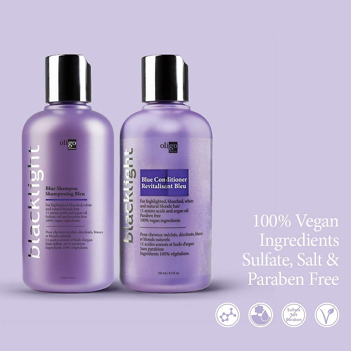 Oligo Professionnel - Blacklight Blue Shampoo & Conditioner for blondes - Sulfate-Free - Vegan - Eliminate brassy tones - Refresh Faded Highlights - Argan oil - Hydrating Formula - 8.5oz DUO BUNDLE