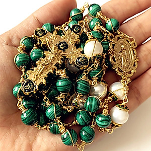 elegantmedical Handmade Gold Wire Wrapped UNDOUBTED Malachite &11-12mm Real Pearl Beads Rosary Cross/Crucifix Necklace Box Catholic Womens Gift
