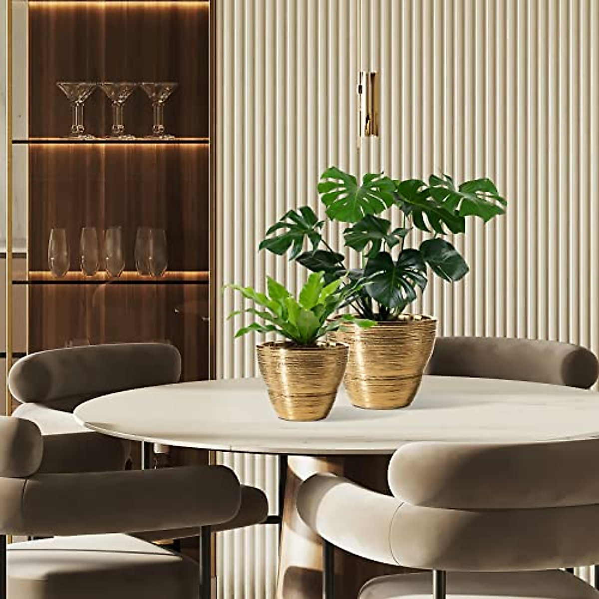 JOFAMY 3 Pack Gold Planters Houseplant Pots 7.1/6/5 Inch Brushed Gold Finish Plant Flower Pots Brass Planter with Drainage, Silicone Plugs & Mesh Pads Ideal for Home Decor, Birthday, Wedding