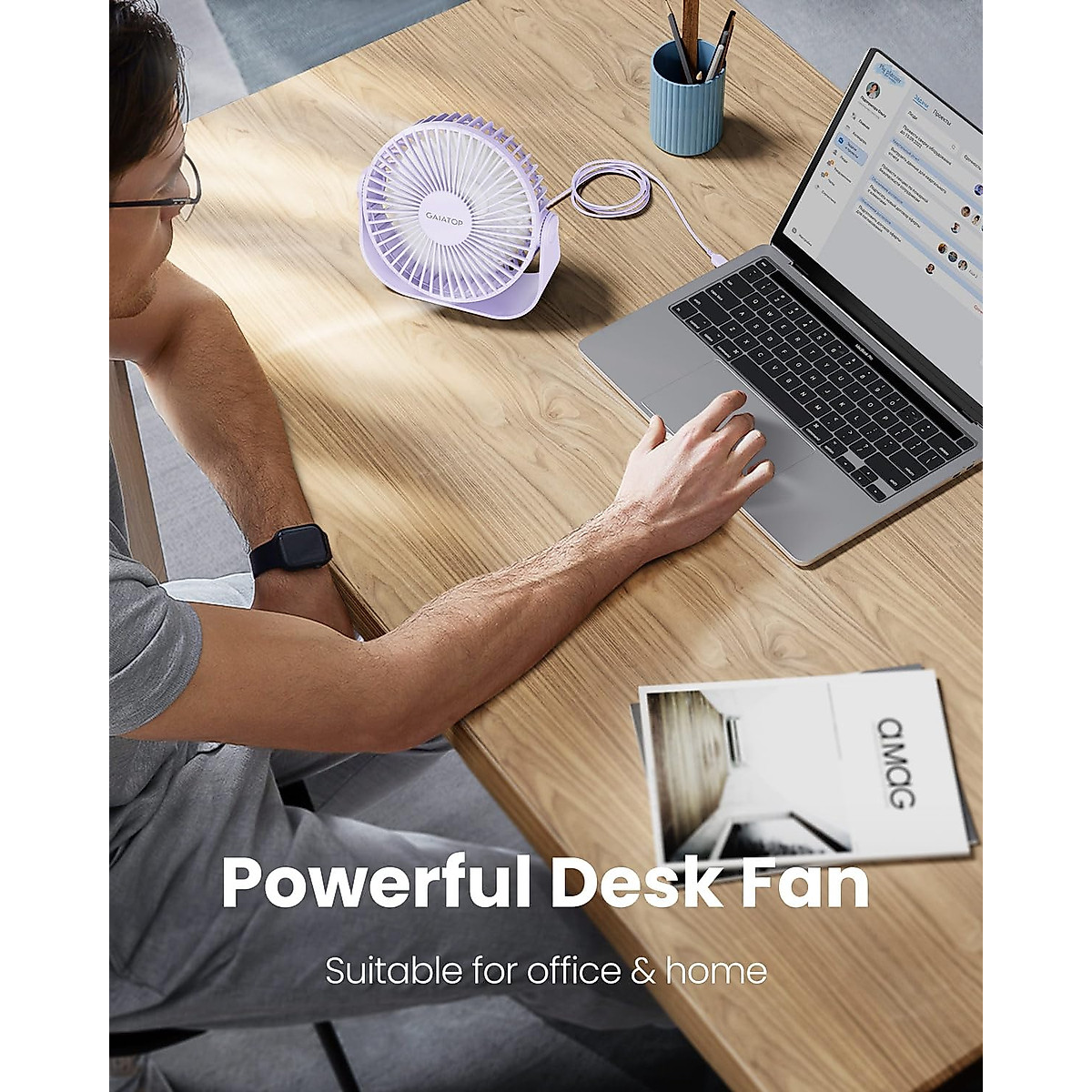 Gaiatop USB Desk Fan, 3 Speeds Portable Small Fan with Strong Airflow, 5.5 Inch Quiet Table Fan, 90° Rotate Personal Cooling Fan For Bedroom Home Office Desktop Travel (Purple)
