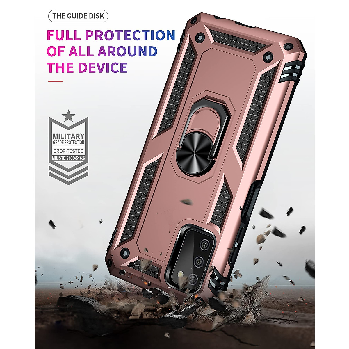 PUSHIMEI Galaxy A03S Case, Military Grade 16ft Drop Tested, Ring Holder Kickstand, with Screen Protector - Rose Gold