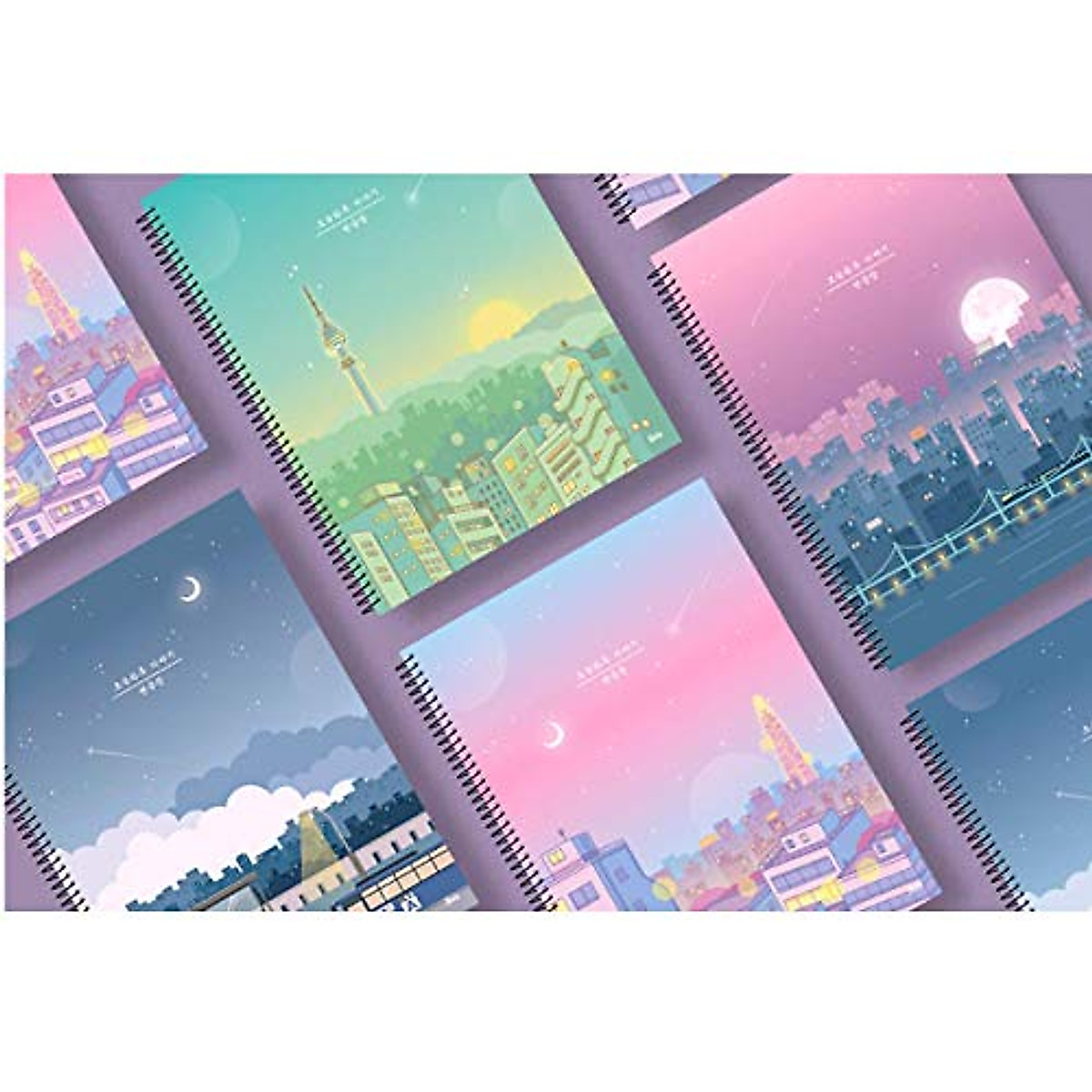 Cute Korean Aesthetic Blank Unlined Spiral Planning Drawing Notebook/Journal for girls, Women, College, School - 130 p each, 7.4” x 10.2”, 4 Count (cocktail lights, enchanted, last bus, still awake) + 1 dalgaru sticker sheet