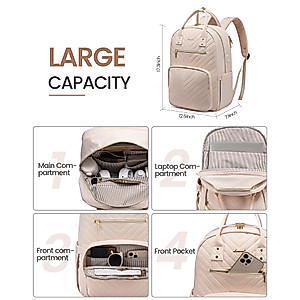 LOVEVOOK Laptop Backpack for Women, Large Capacity Travel Backpack with Luggage Strap, Stylish Women Backpack with USB Port, Waterproof Quilted Work Backpack for College Business 15.6 Inch, Beige