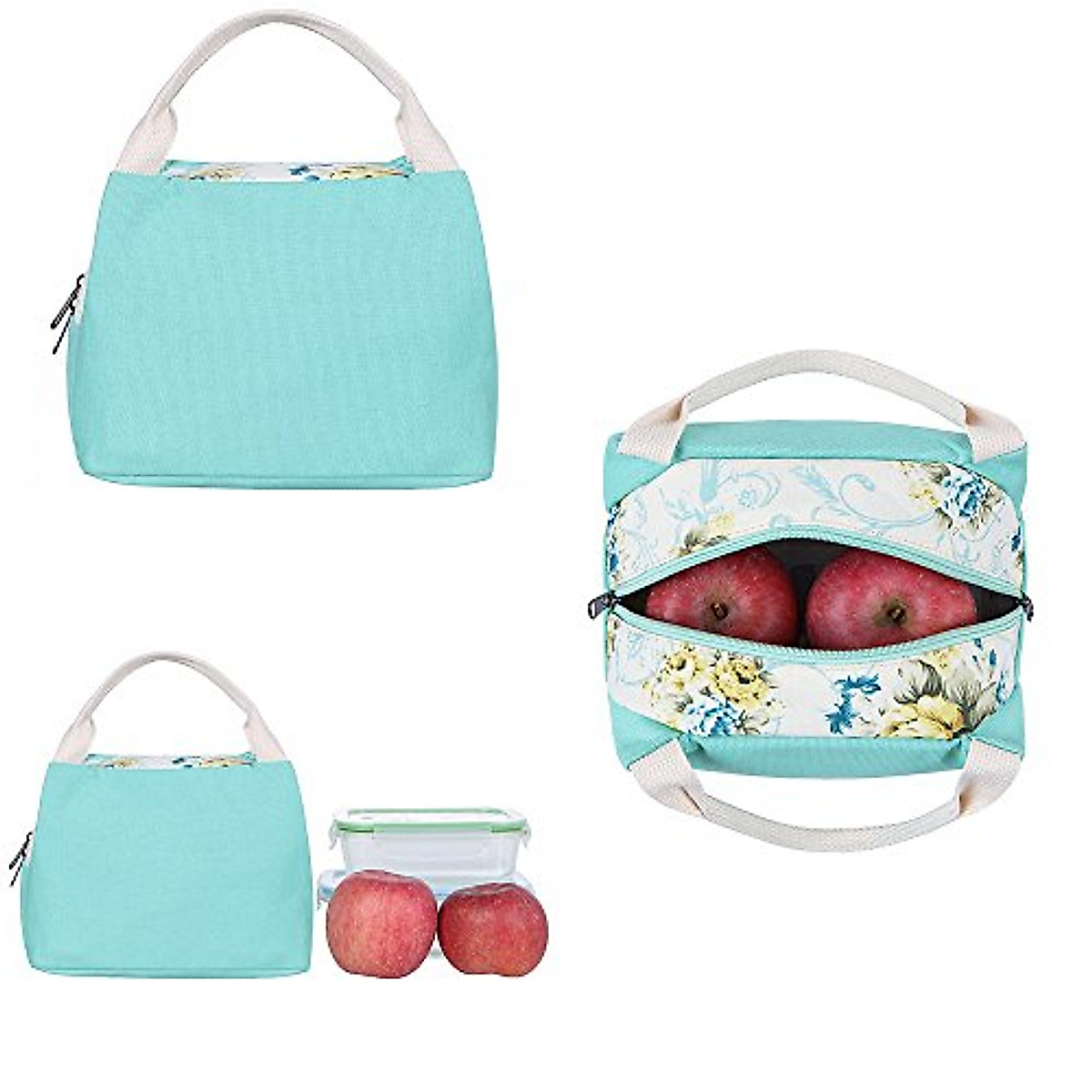 Bluboon Canvas School Backpack Set 3 Pieces Lightweight Teen Girls Bookbags Insulated Lunch Bag Pencil Case (Water Green-flower)