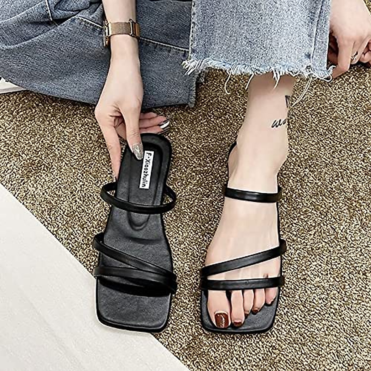 Women's Square Head Pullover Flat Bottom Thin Belt Roman Sandal Slippers for Women Before Christmas (White, 6.5)