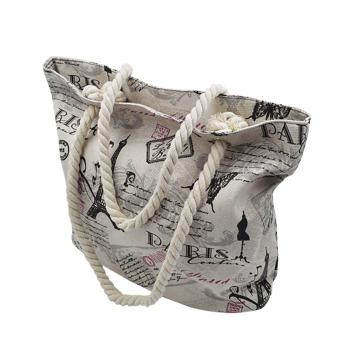 Premium Large Paris Eiffel Butterfly Print Cotton Canvas Tote Shoulder Bag Handbag Beige