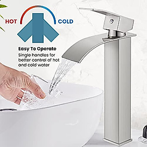 gotonovo Waterfall Bathroom Faucet,Single Handle Bathroom Faucets for 1 Hole Sink,Vessel Bathroom Sink Faucet Stainless Steel Mixer Tap Wash Basin Faucet,No Drain,Brushed Nickel