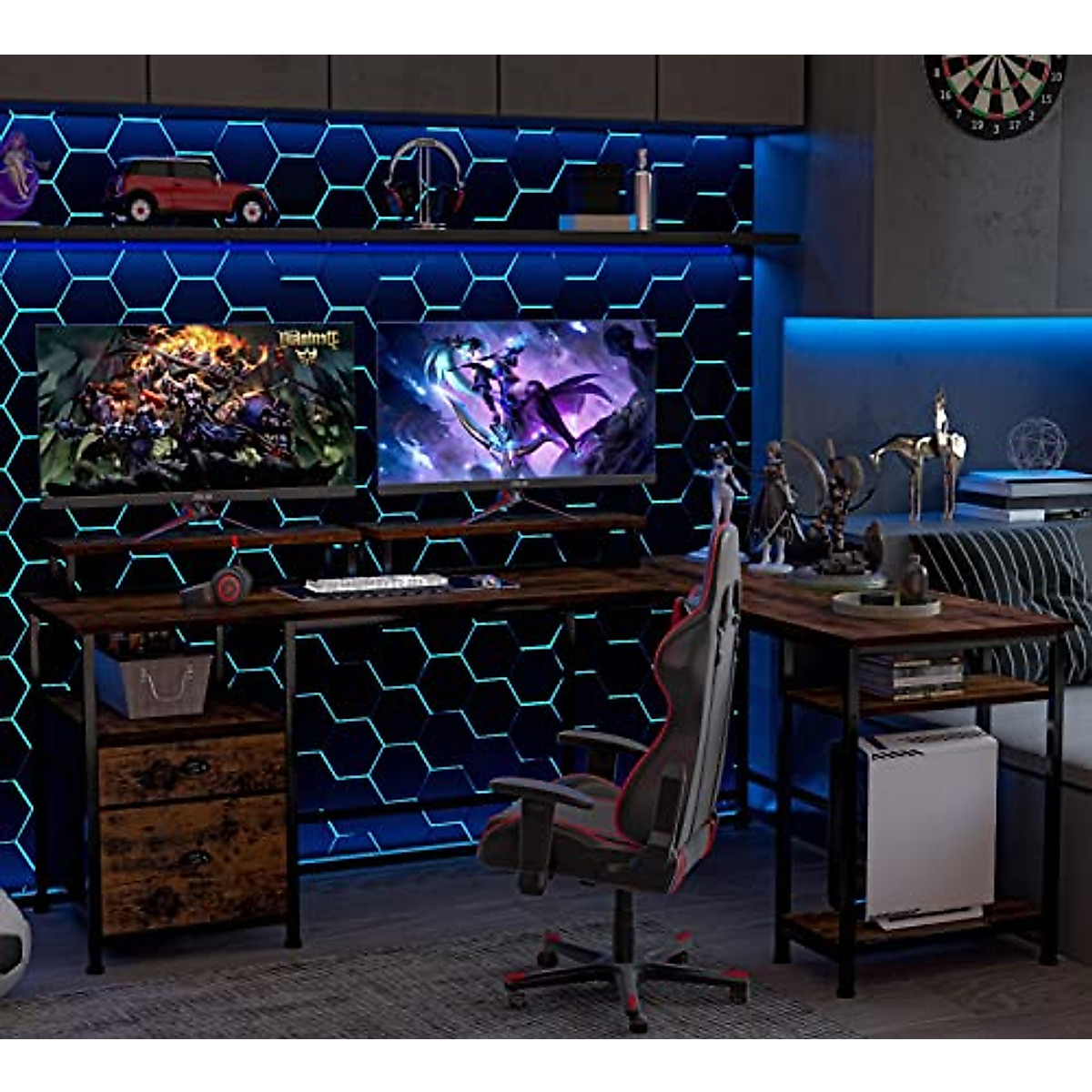 Furologee 66" L Shaped Computer Desk and Printer Stand, Corner Gaming Desk with File Drawer, Shelves and Dual Monitor Stand, Mobile 3 Tier Printer Table with Wheels and 2 Hooks, for Home Office