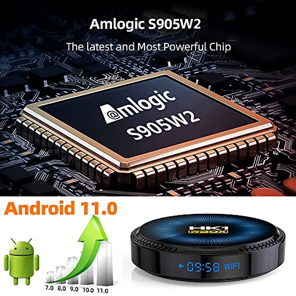 Xilibod Android 11 TV Box 2GB RAM 16GB ROM S905W2 Quad Core CPU G31 MP2 GPU H.265 Decoding 2.4G/5G WiFi Support BT 100M DLAN Smart TV Box - Model No.: HK1RBOX-W2 2GB 16GB
