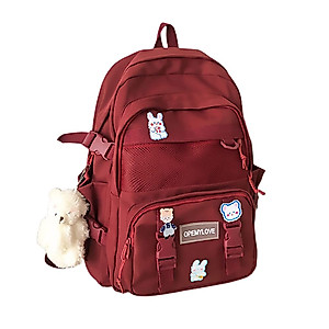 ASNAT Cute Backpack with Kawaii Pin and Accessories Back to School Bag Large Capacity (Red)