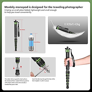 Manbily Carbon Fiber Camera Monopod,61 inch Portable Compact Lightweight Travel Monopod Walking Stick,Monopod for DSLR Camera Canon Nikon Sony Video (Carbon Fiber, Green&Black)
