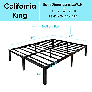 45MinST 3600lbs Heavy Duty Reinforced Platform, 18 Inch Tall Mattress Foundation, Steel Slats Support Bed Frame with Underbed Storage, Easy Assembly and Non Squeak, Cal King