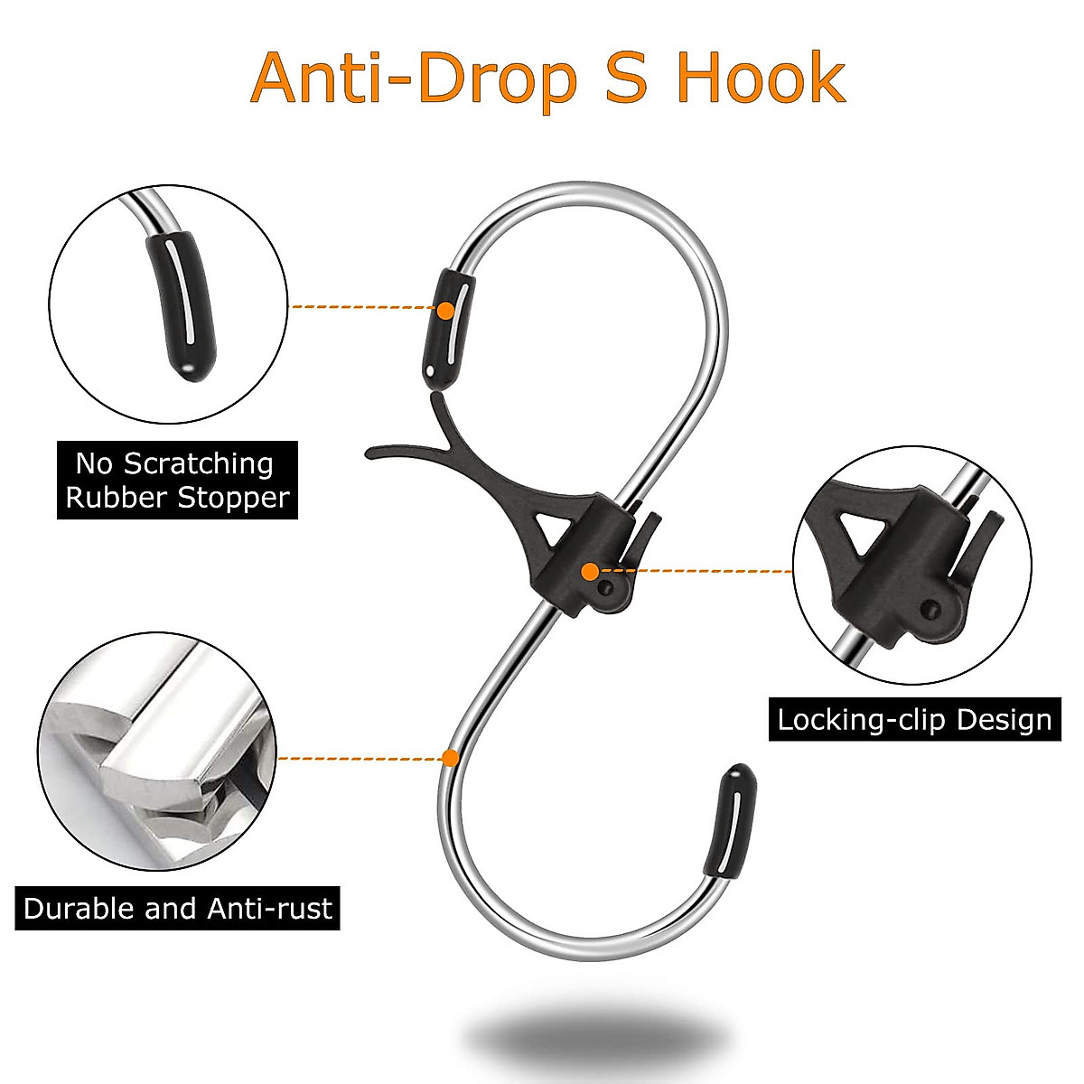 Waitkey 8 Pcs S Hooks for Hanging with Anti-Fall Design, 3.5 inch Anti Drop Heavy Duty S Shaped Hook Kitchen Pot Rack Hooks Closet Hooks for Kitchenware Clothes Bags Towels Plants (Black)