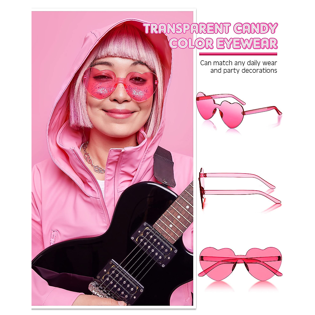 Photect 12 Pair Graduation Gift Heart Shaped Sunglasses Rimless Candy Color Glasses for Women Men Summer Party Favor(Rose Color)