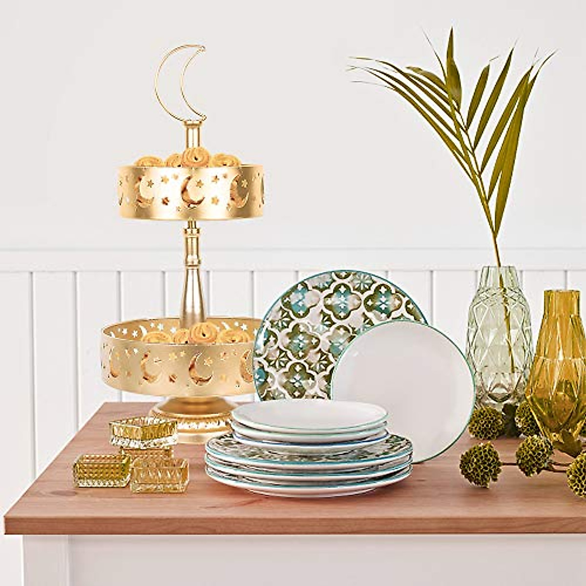 PTYQU Eid Mubarak Golden Metal Tray Decorations Cookies Storage Ramadan Ornament Party Festival Table Decor-Double-Layer Assembly