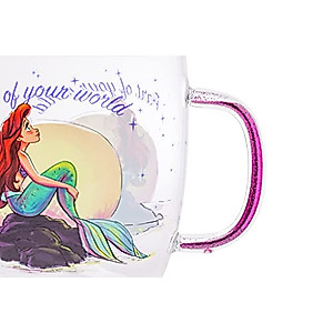 Silver Buffalo Disney Princess Ariel Little Mermaid Part of Your World Glitter Handle Glass Mug, 14 Ounces
